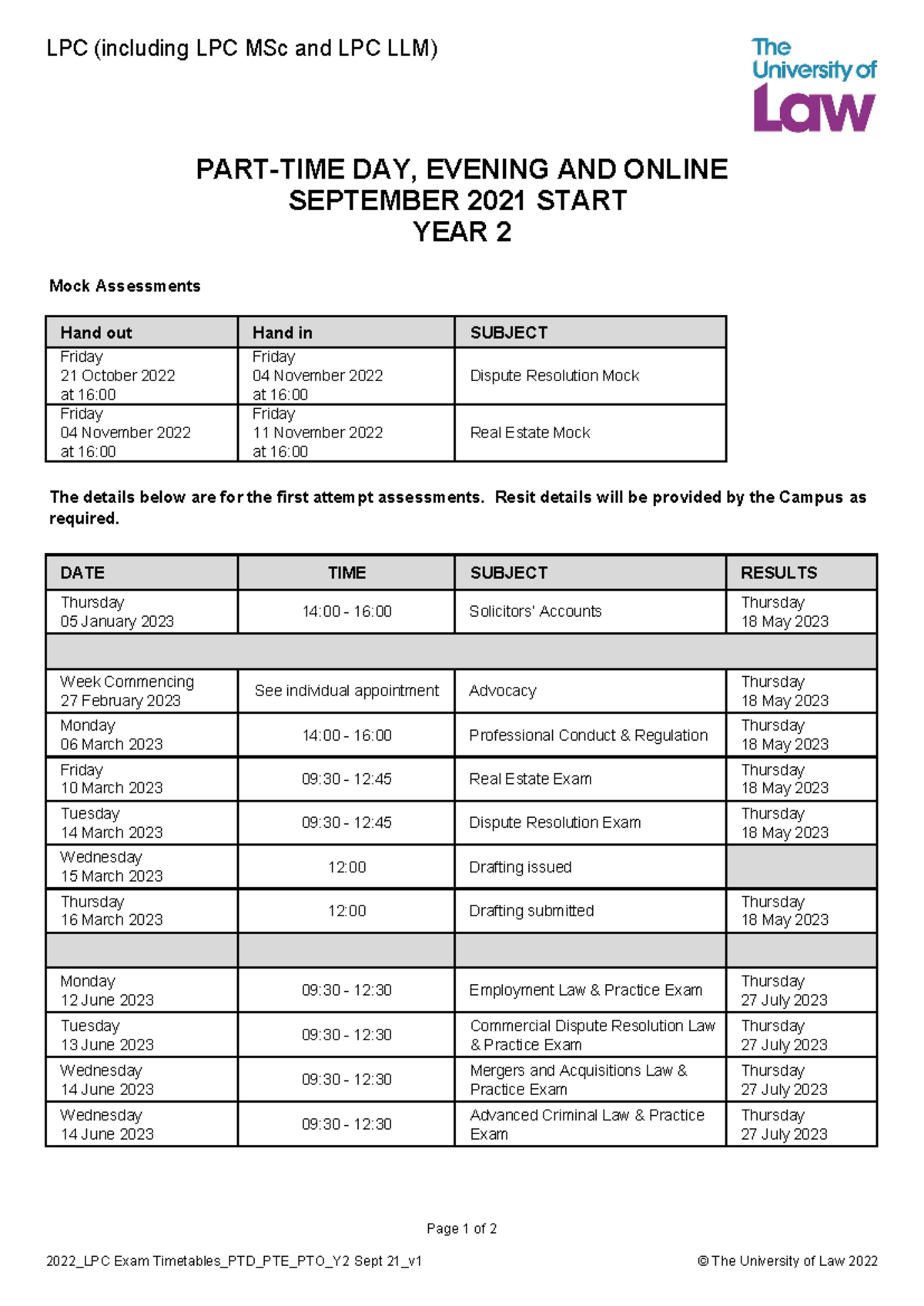 2022 LPC Exam Timetable for PTD PTE PTO Year 2 - September 21 - Studocu