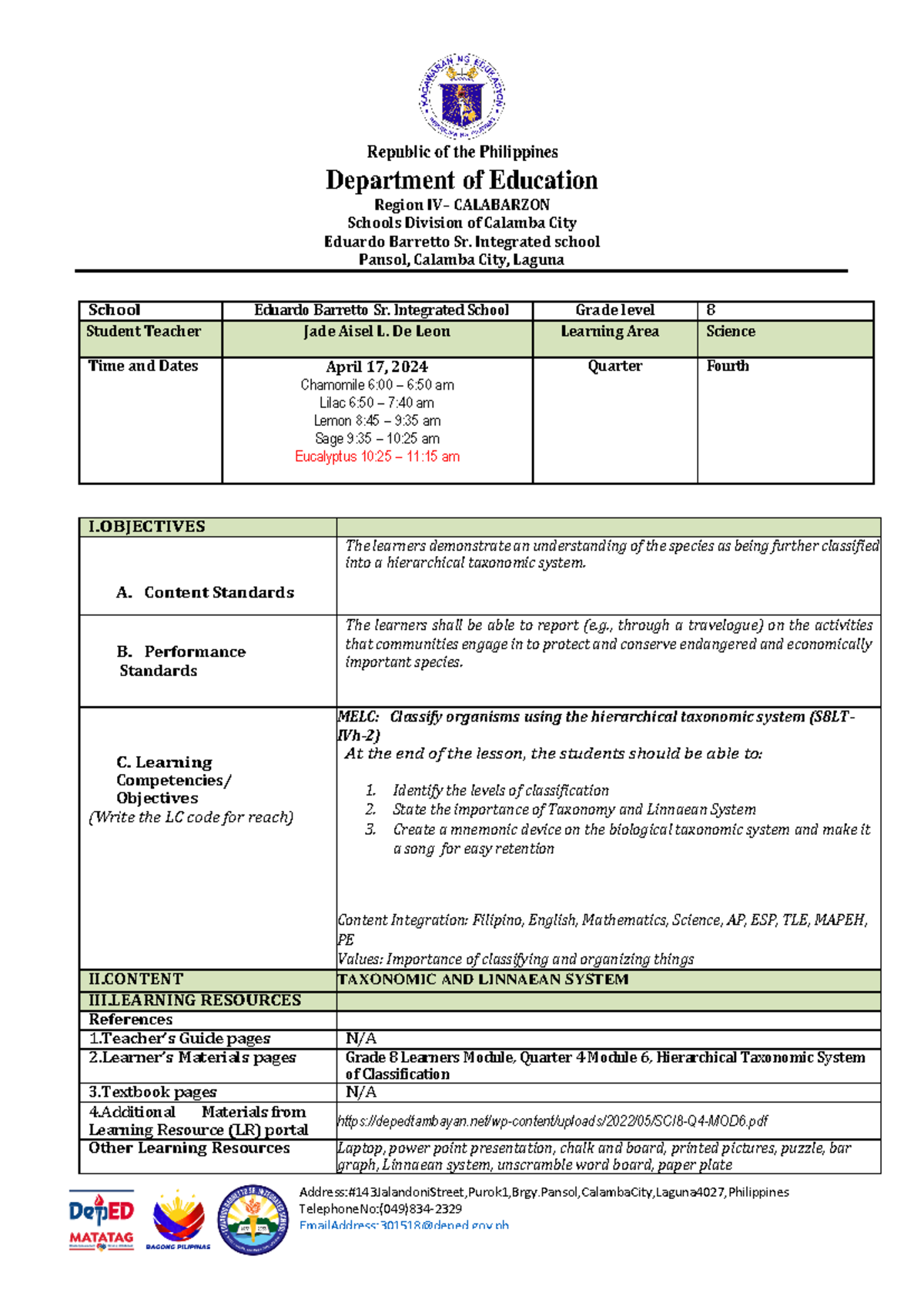 Grade 8 Science Lesson Plan: Hierarchical Taxonomic System - Studocu