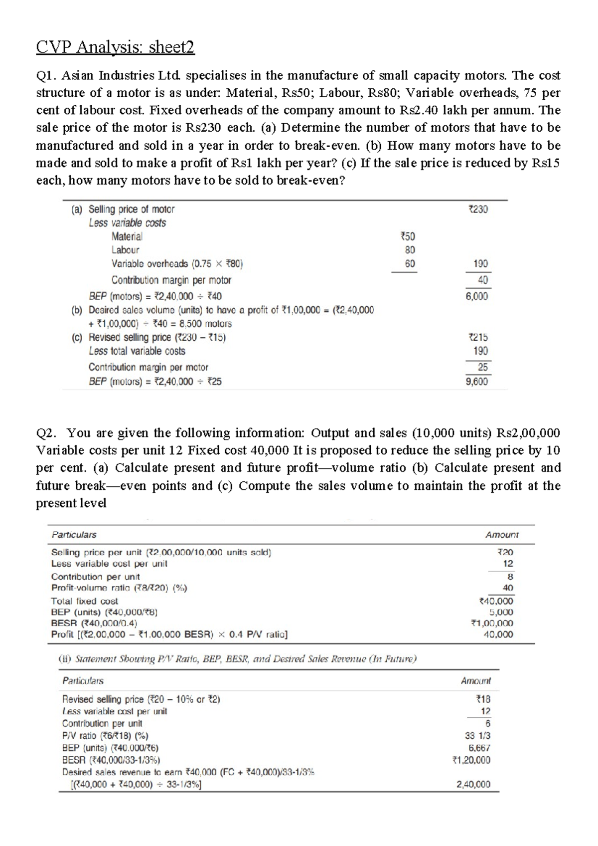 CVP Analysis sheet 2-solutions - CVP Analysis: sheet Q1. Asian Industries Ltd. specialises in ...