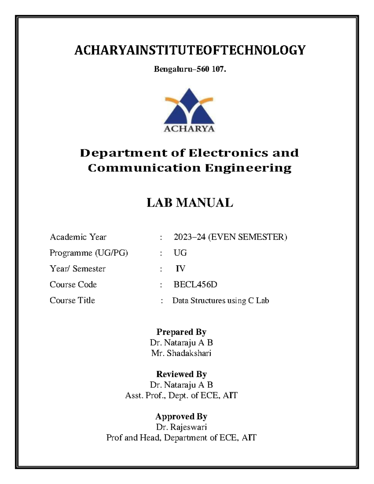 4th Sem B.E ECE Data Structures using C Lab Manual (BECL456D) - Studocu