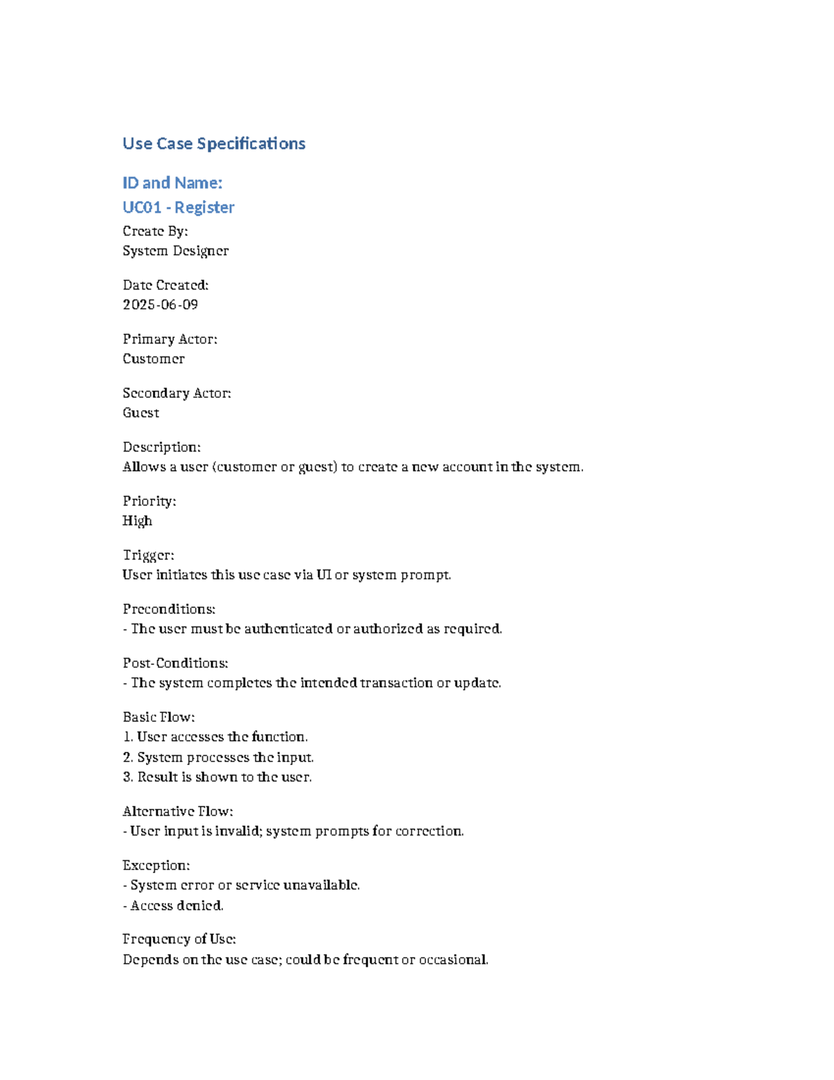 Use Case Specifications for System Design: UC01 to UC17 - Studocu