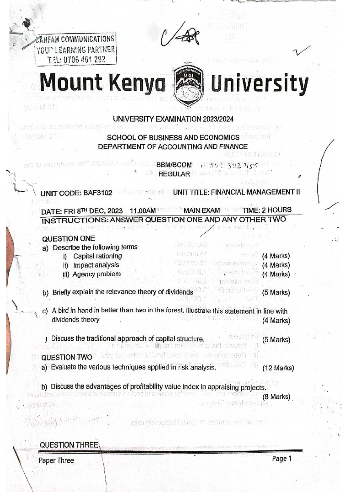 BAF3102 Financial Management II Past Exam Papers Review - Studocu