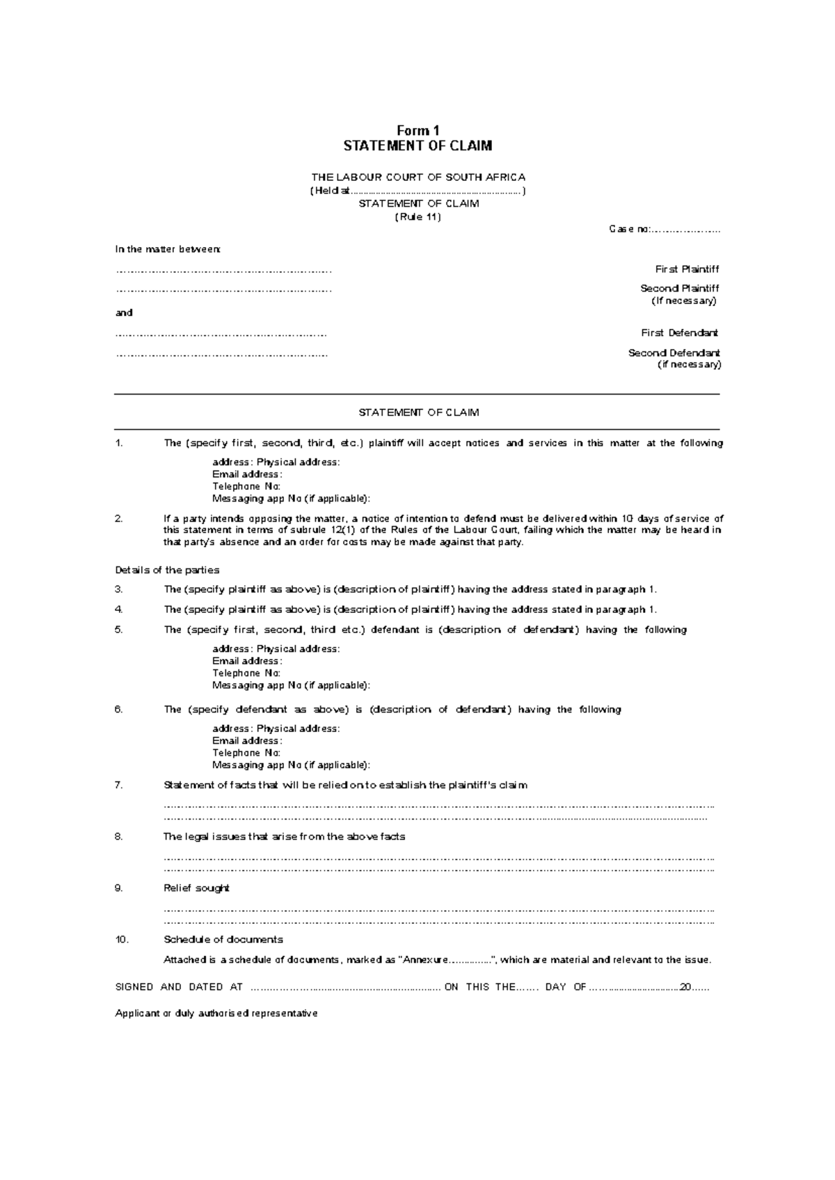 LCForm 1 - Statement of Claim for the Labour Court of South Africa ...