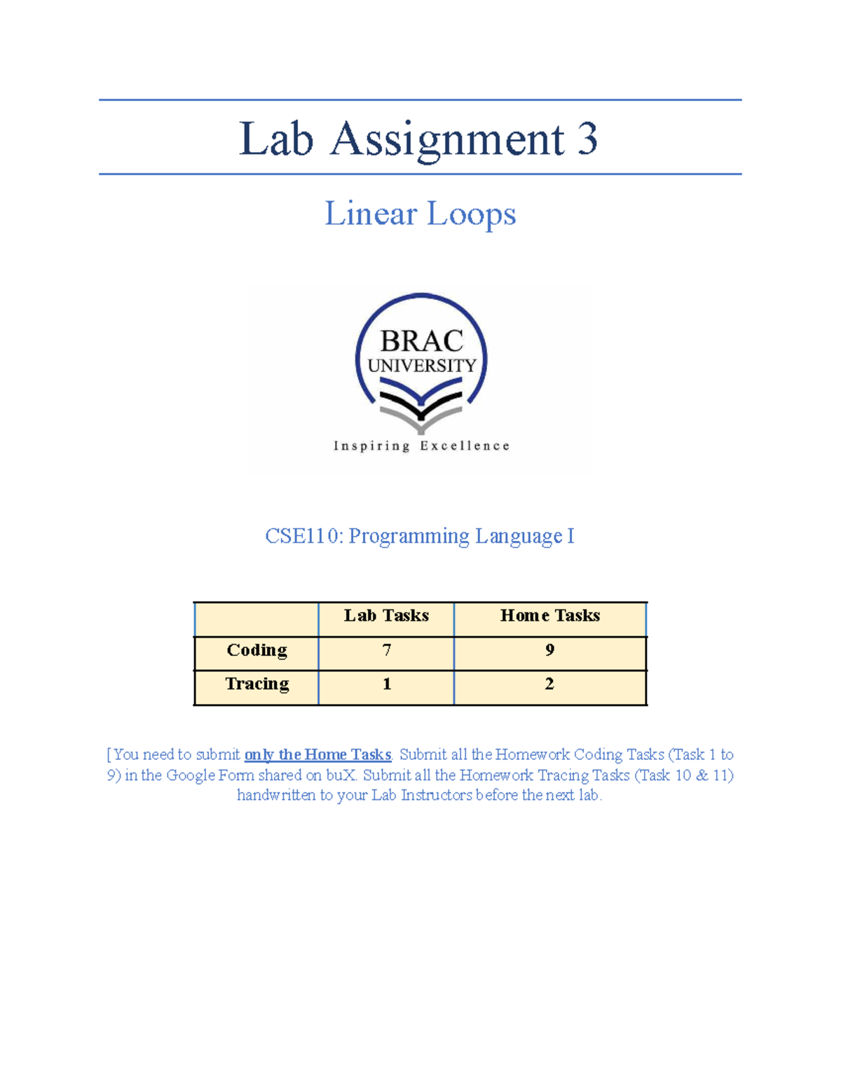 Lab Assignment 3: Linear Loops CSE110 - Home Tasks and Coding Tasks - Studocu