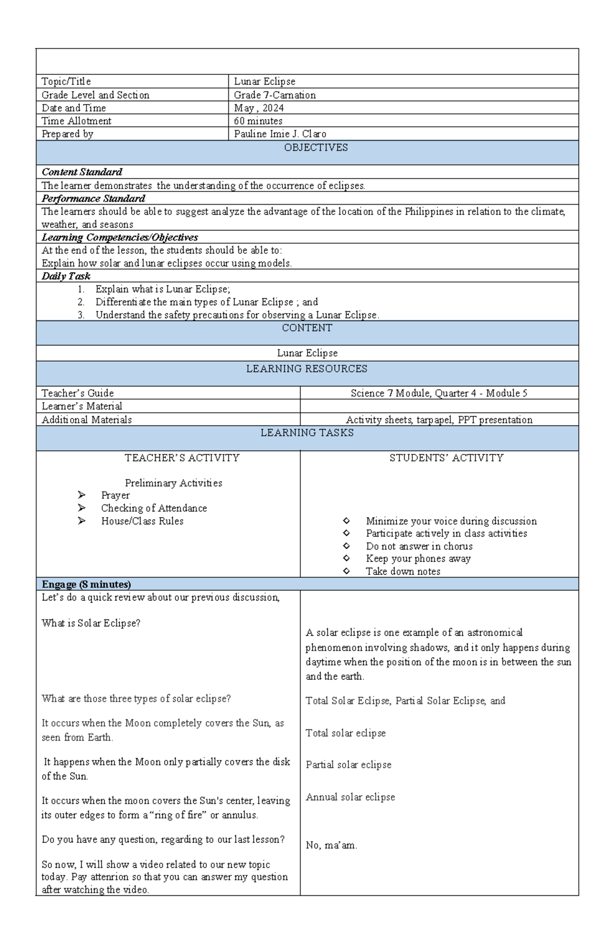Lunar Eclipse Lesson Plan (Grade 7-Carnation) - May 2024 - Studocu