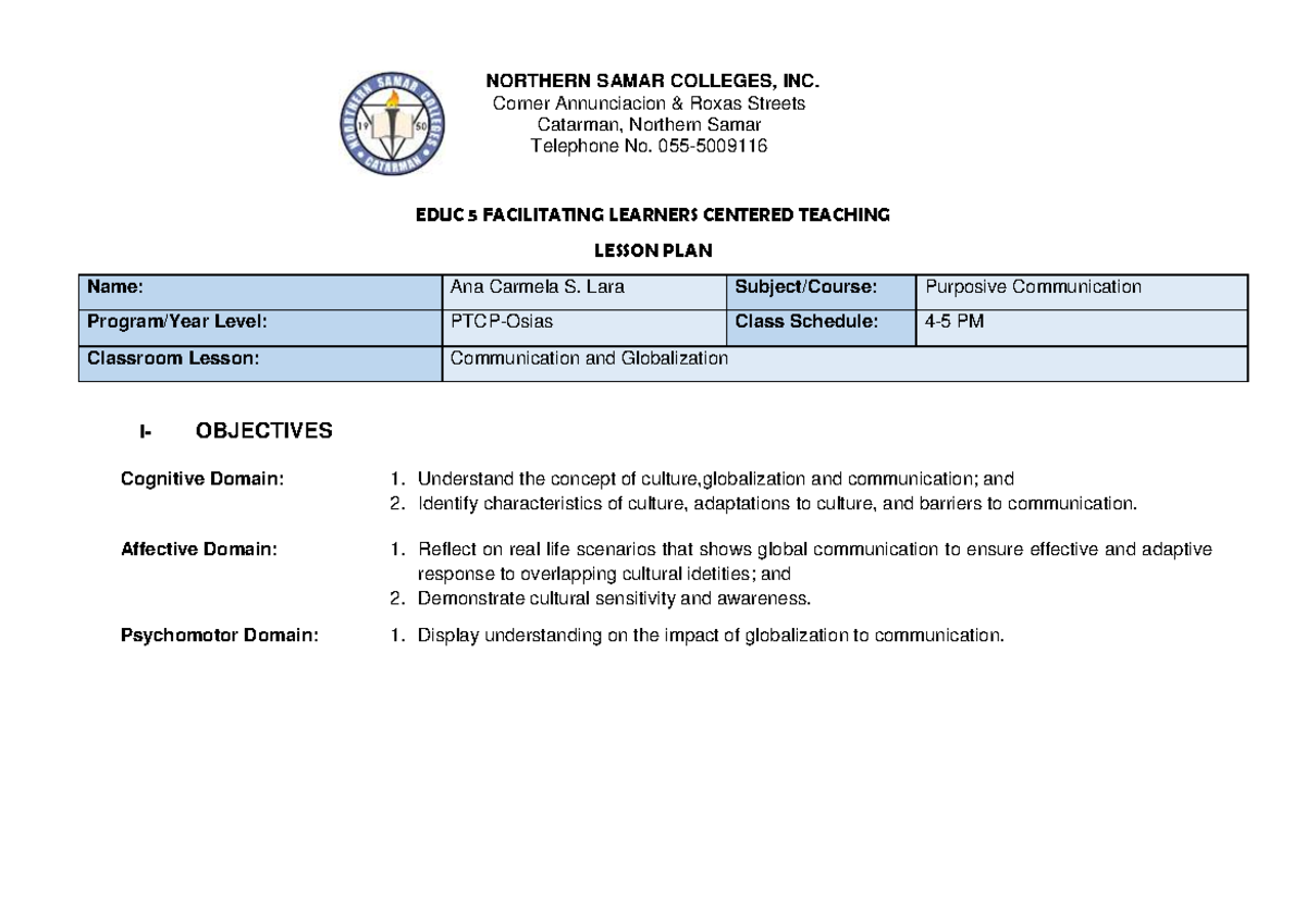 EDUC 5 Lesson Plan: Communication & Globalization Strategies - Studocu