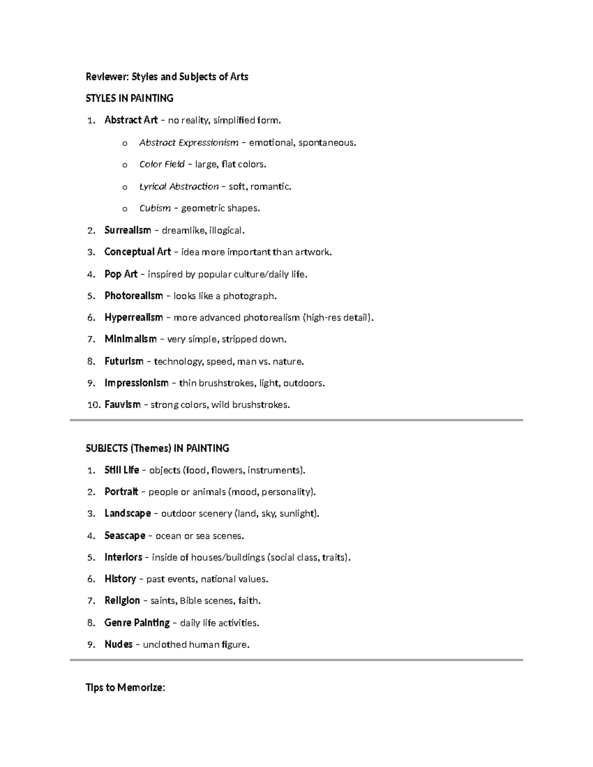 🎨 Reviewer: Styles and Subjects of Arts - Music and Dance - Studocu