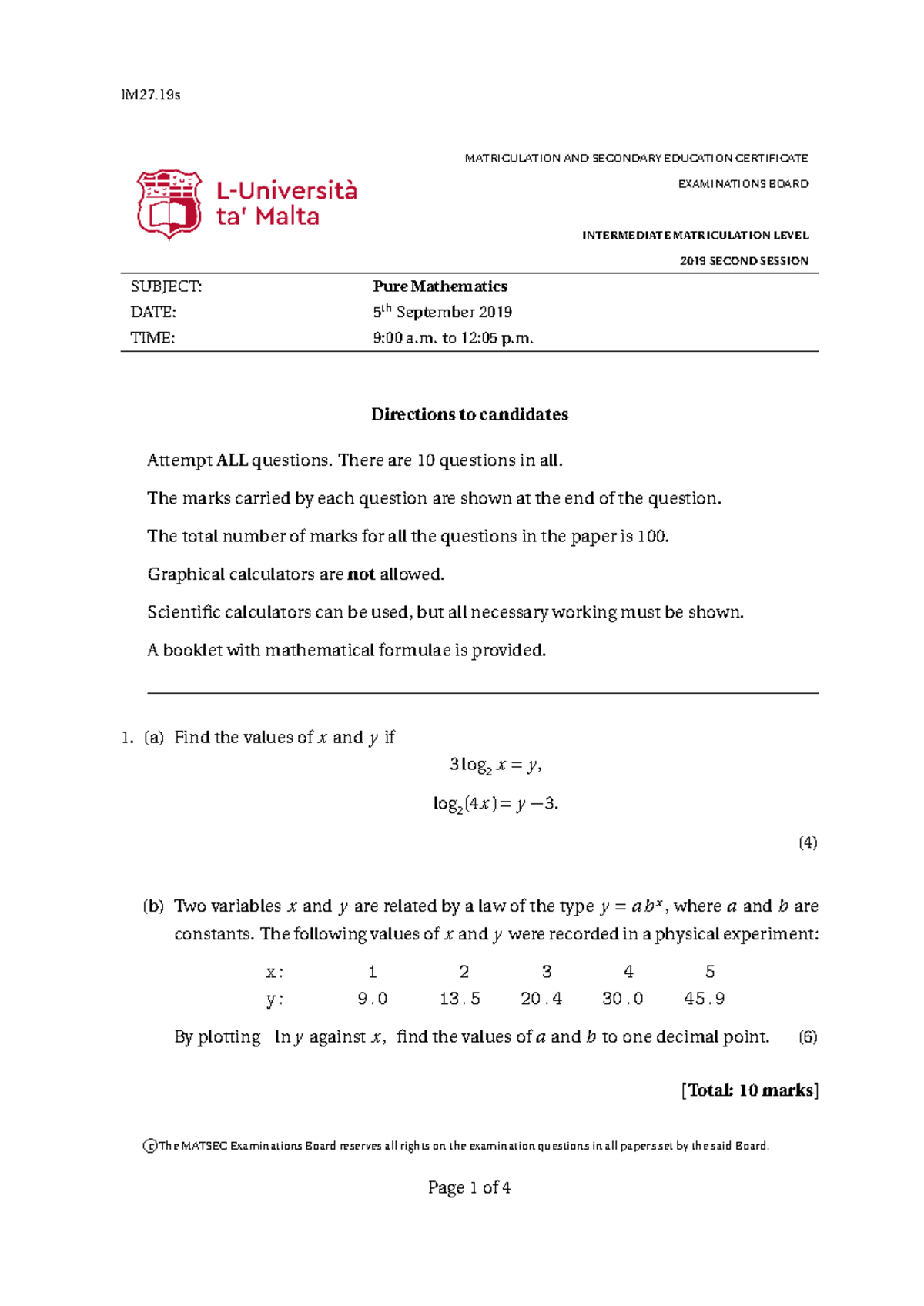 2019 Sep - Past paper practice - MATRICULATION AND SECONDARY EDUCATION ...