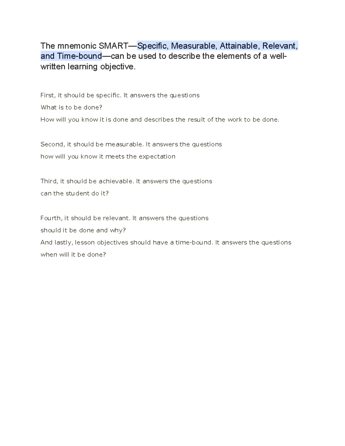 SMART Mnemonic for Effective Lesson Objectives - Lecture Notes - Studocu