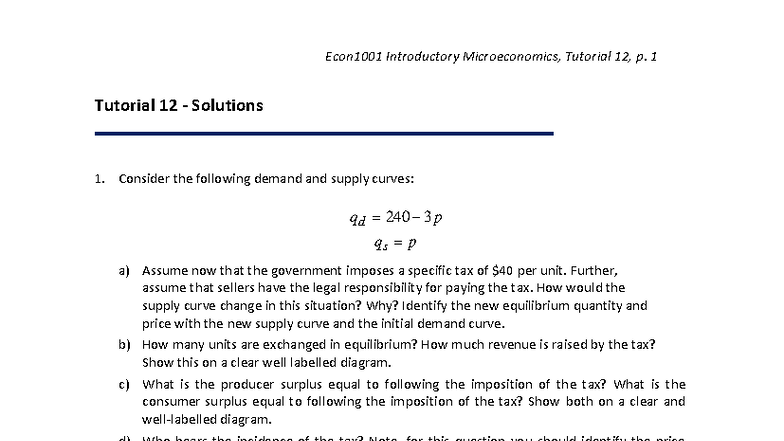 Econ1001 Introductory Microeconomics, Tutorial 12 Solutions - Studocu