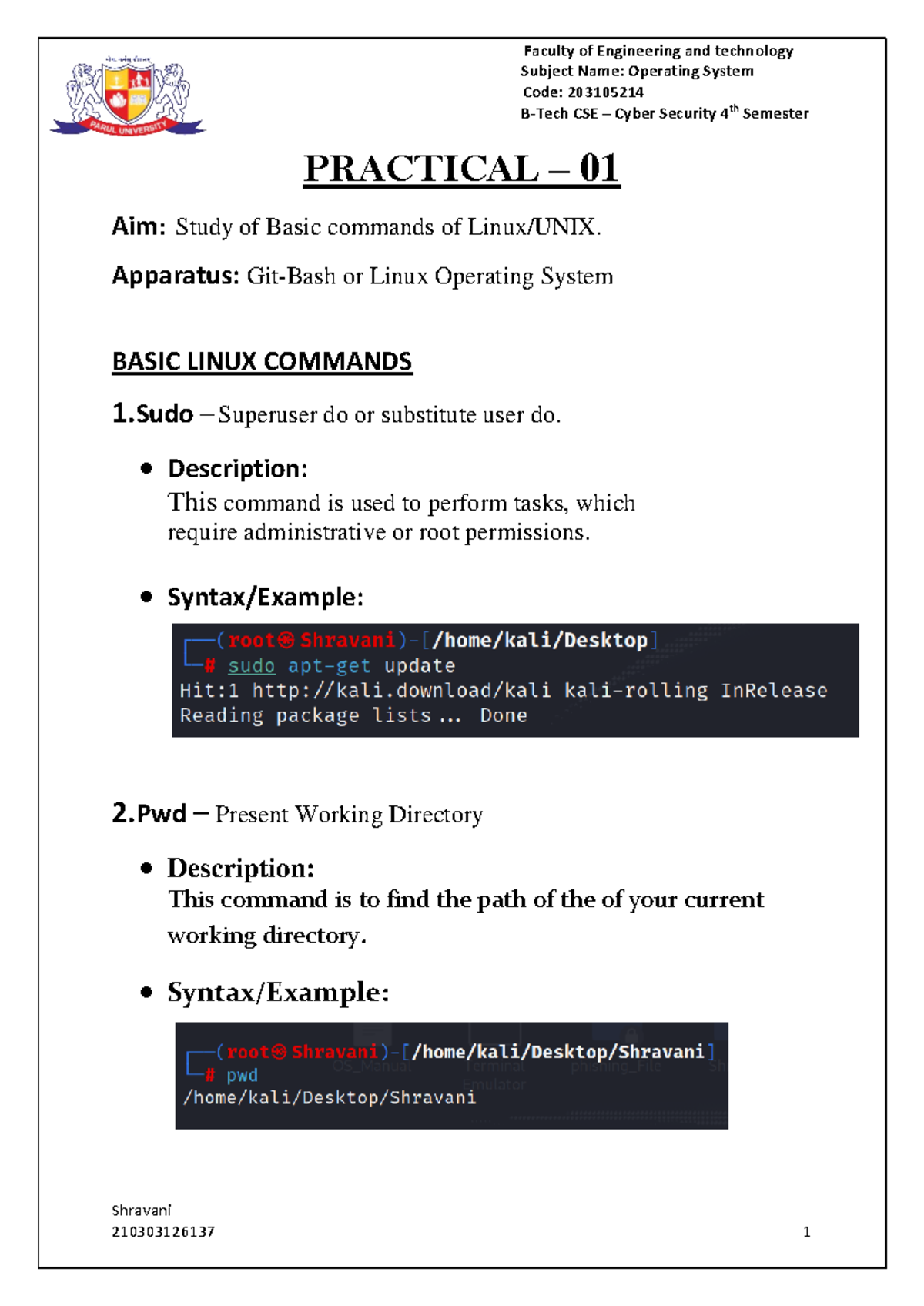 OS Lab Manual practical - Subject Name: Operating System Code: 203105214 B-Tech CSE – Cyber ...
