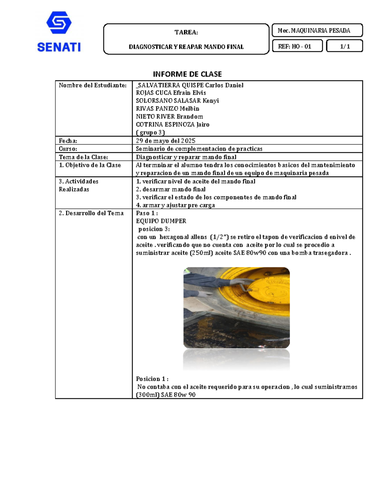 Informe de Clase: Diagnóstico y Reparación de Mando Final - Mec. MAQUINARIA - Studocu