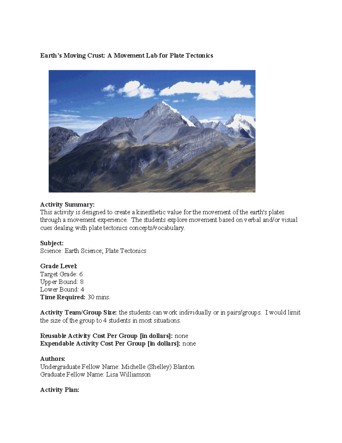 Activity Plan: Plate Tectonics Movement Lab (Grades 4-8) - Studocu