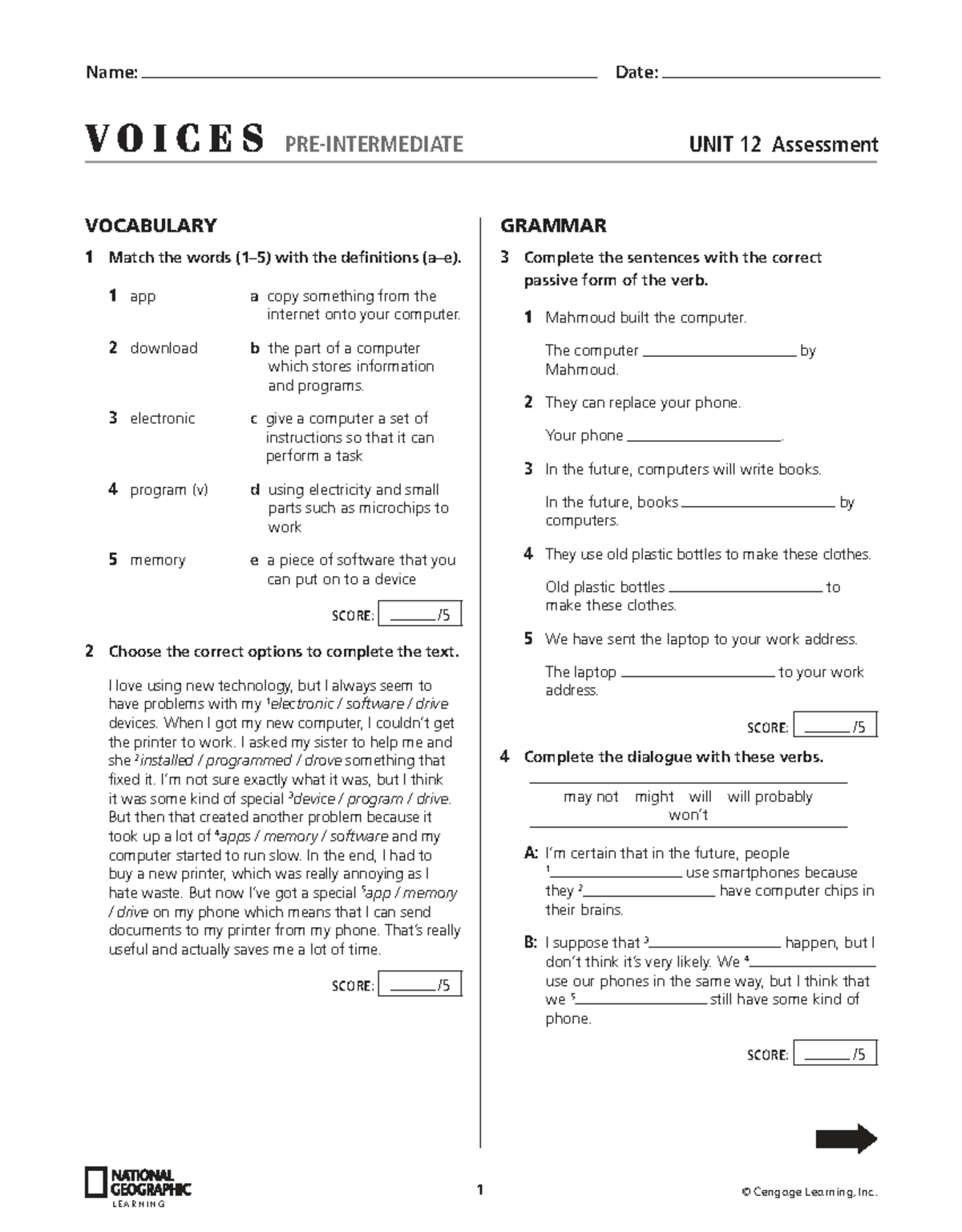 Voices Pre-Int U12 Assessment: Vocabulary, Grammar, Reading & Writing ...