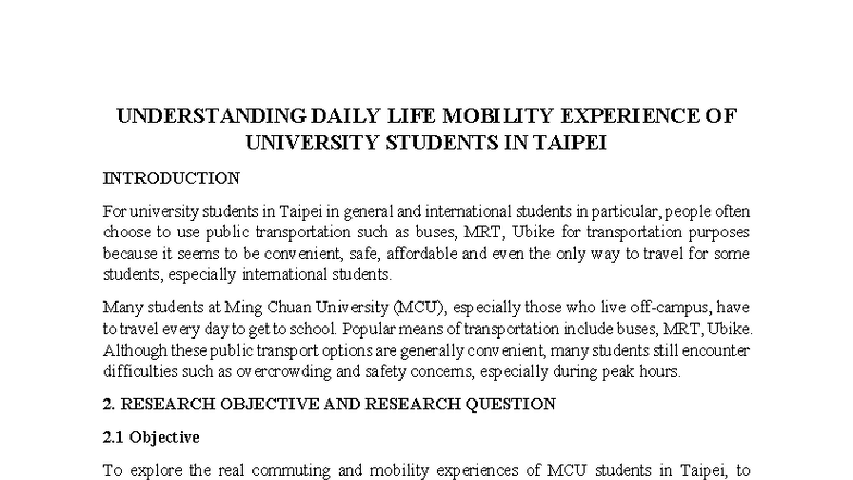 MOBILITY EXPERIENCES OF MCU STUDENTS IN TAIPEI: A STUDY - Studocu