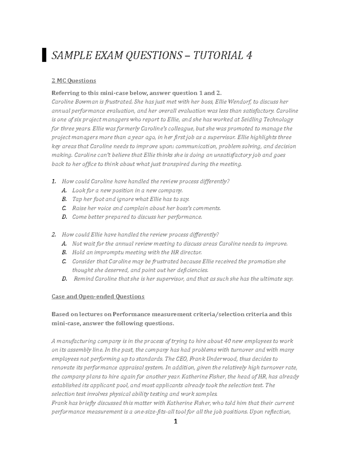 HRM 101: Tutorial 4 Exam Questions on Performance Measurement - Studeersnel