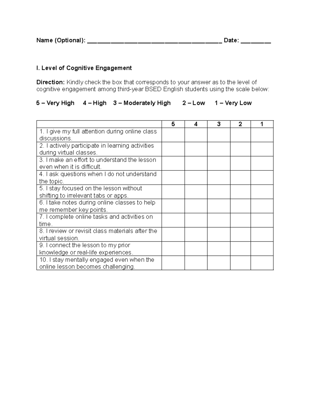 BSED English Cognitive Engagement Questionnaire - Studocu