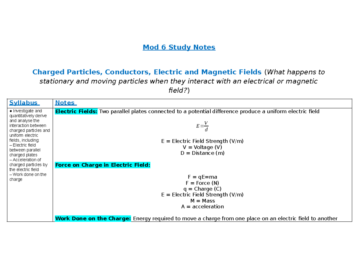 Mod 6 Study Notes: Charged Particles, Electric & Magnetic Fields ...