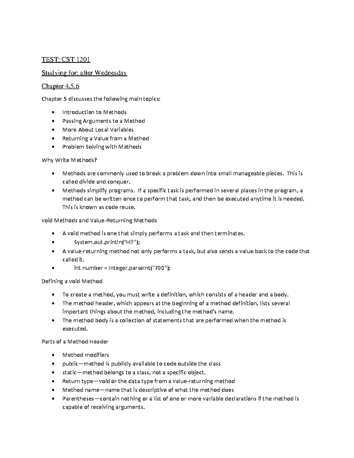 CST 1201 Study Sheet: Key Concepts from Chapter 5 on Methods - Studocu