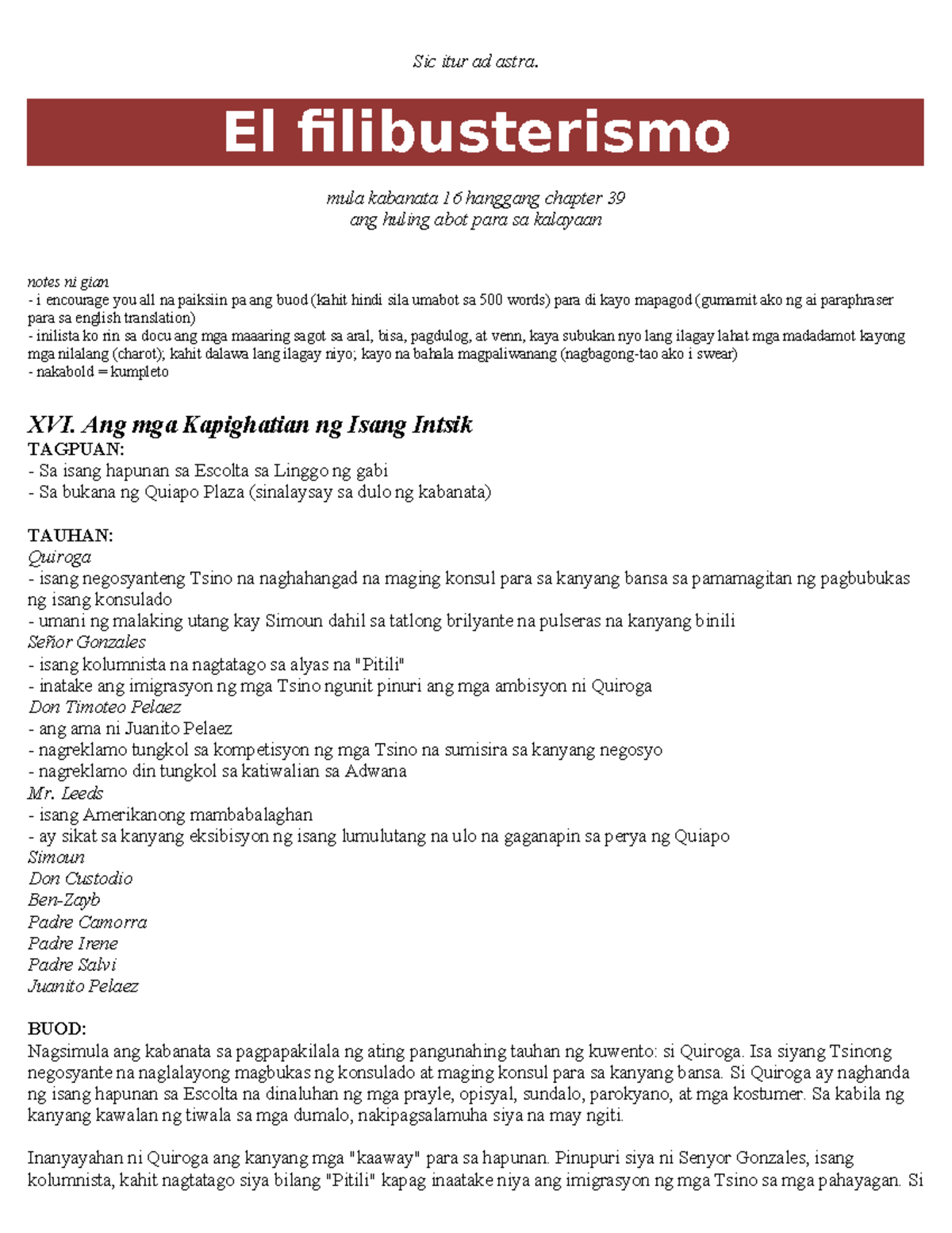 El Filibusterismo Kabanata 16-39: Buod at Aral ng mga Estudyante - Studocu