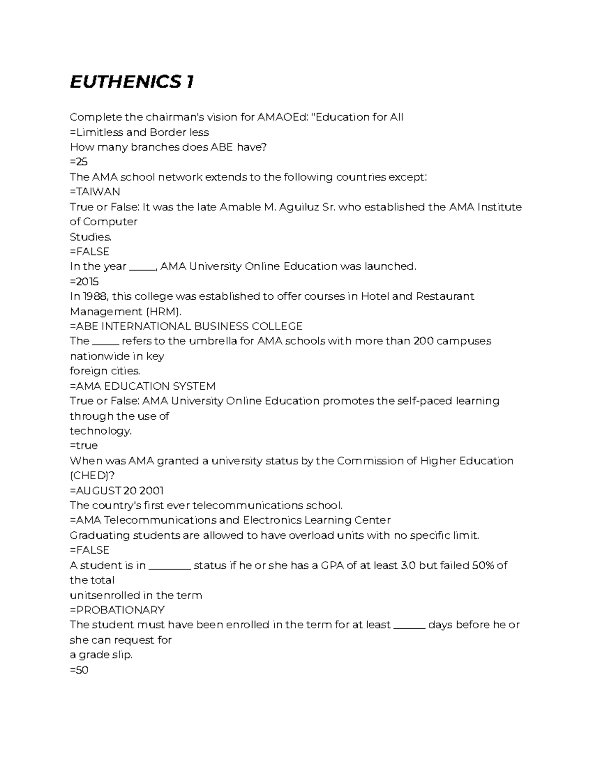 AMAED Euthenics 1 Study Guide: Key Concepts & Policies - Studocu