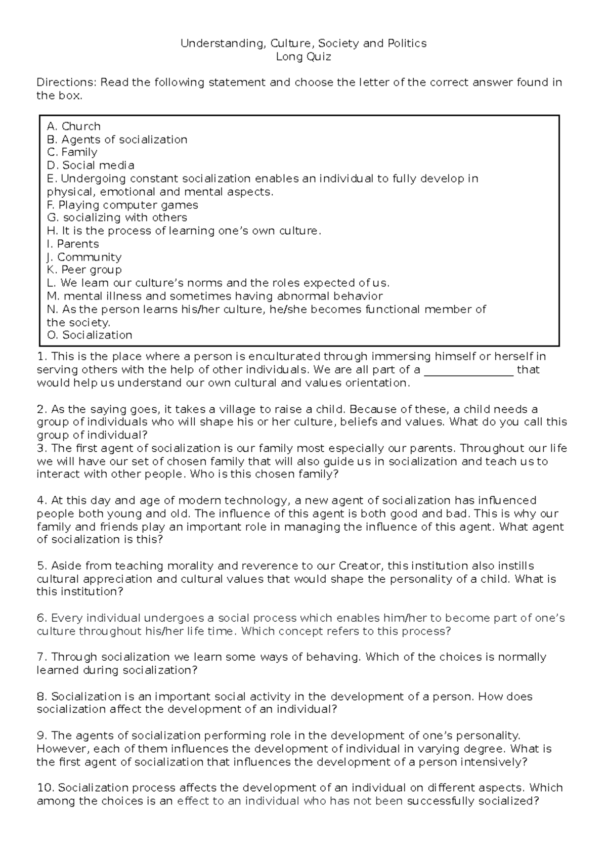 UCSP Long quiz 2 - Long Quiz - Understanding, Culture, Society and ...