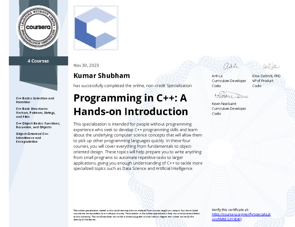 C++ Programming: Hands-on Intro Specialization Completion Certificate - Studocu