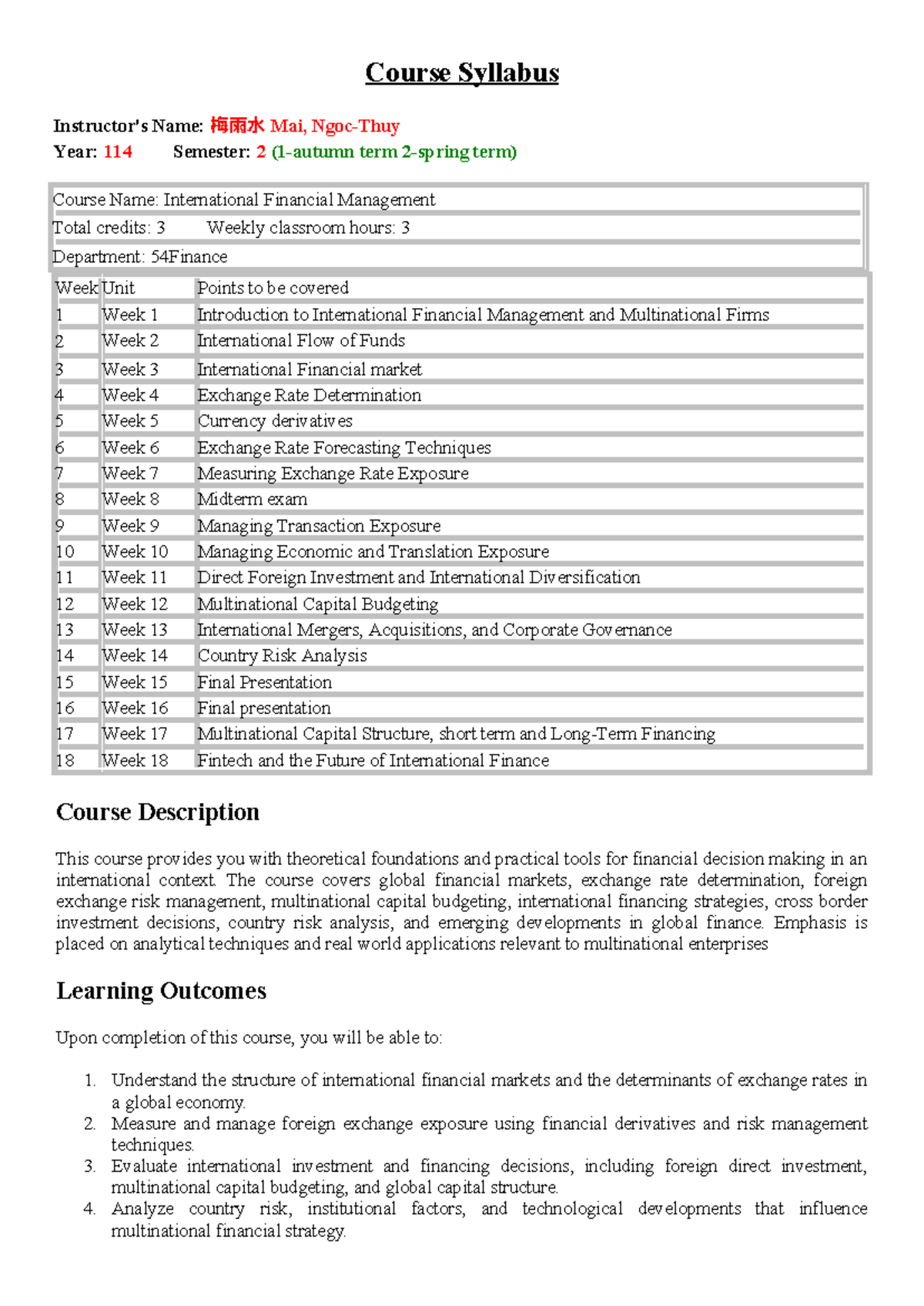 IFM 114 International Financial Management Syllabus Overview - Studocu
