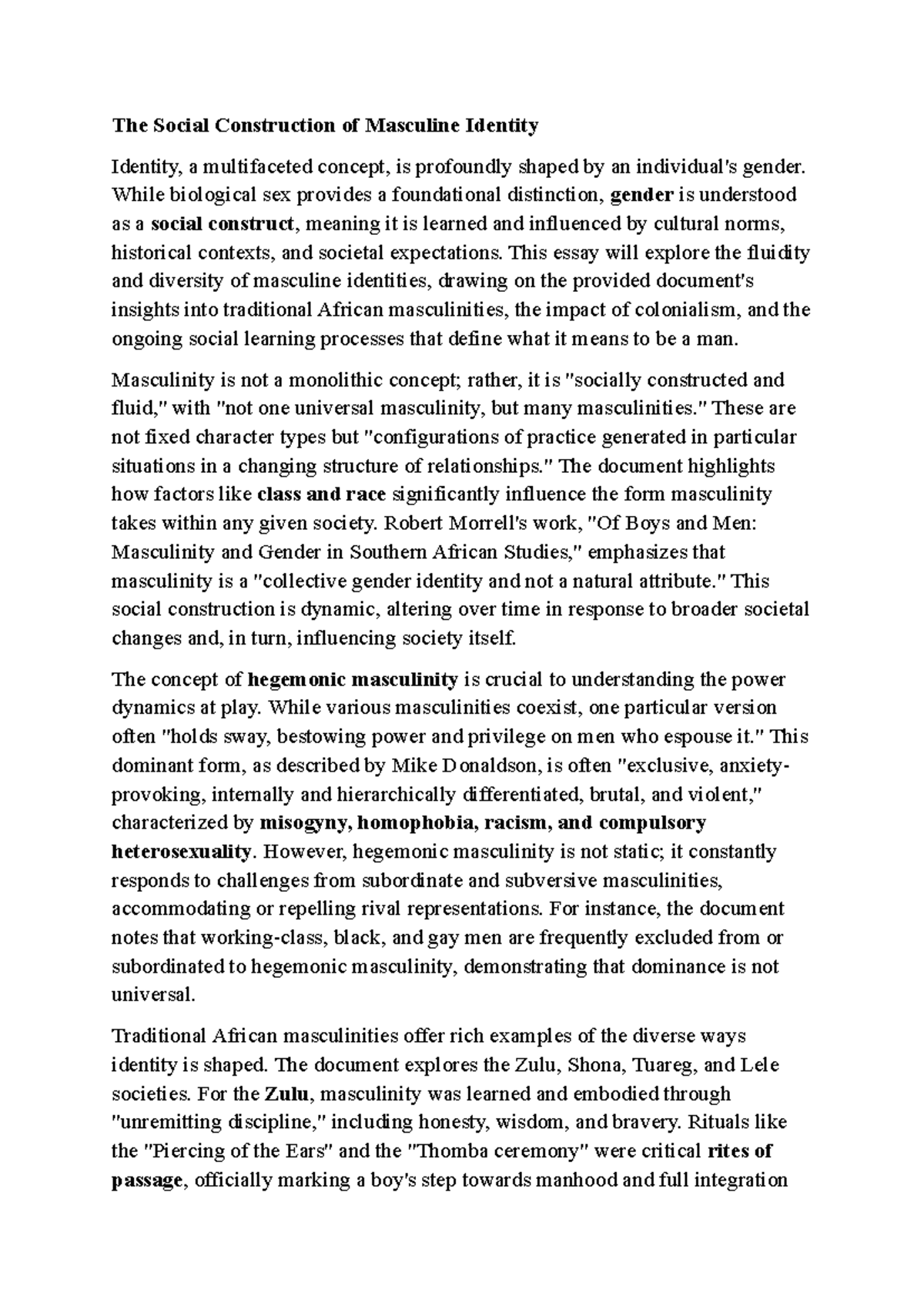 SOC 301: Essay on the Social Construction of Masculine Identity - Studocu