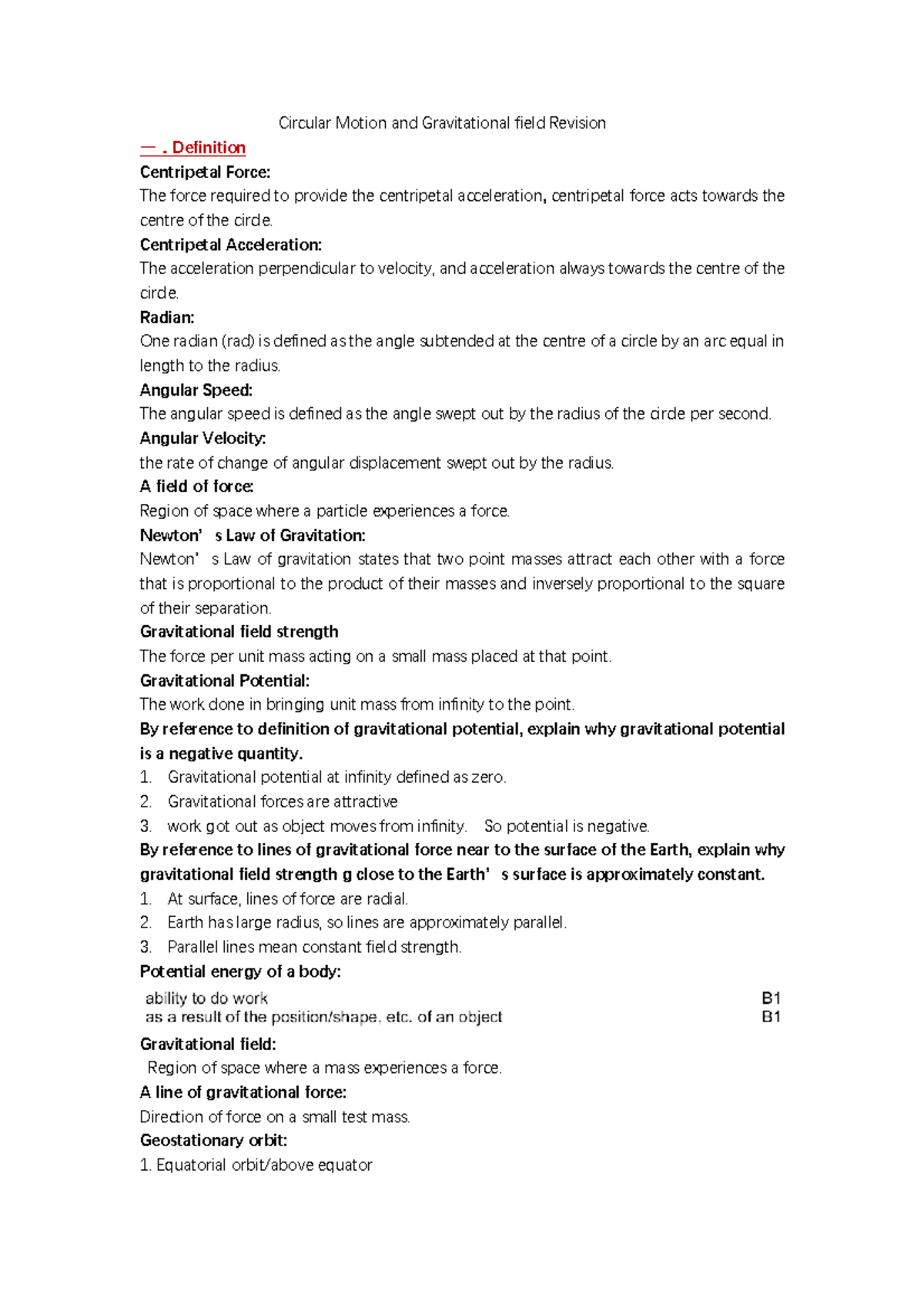 Circular Motion and Gravitational Field Revision Notes (Physics 101 ...