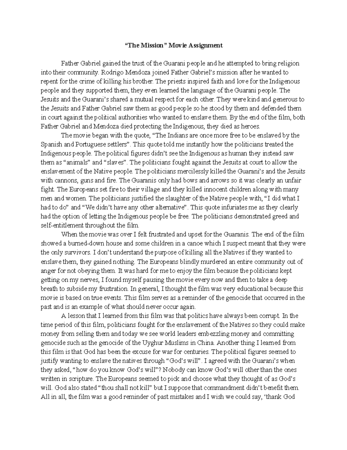 “The Mission” Movie Assignment - Rodrigo Mendoza joined Father Gabriel ...