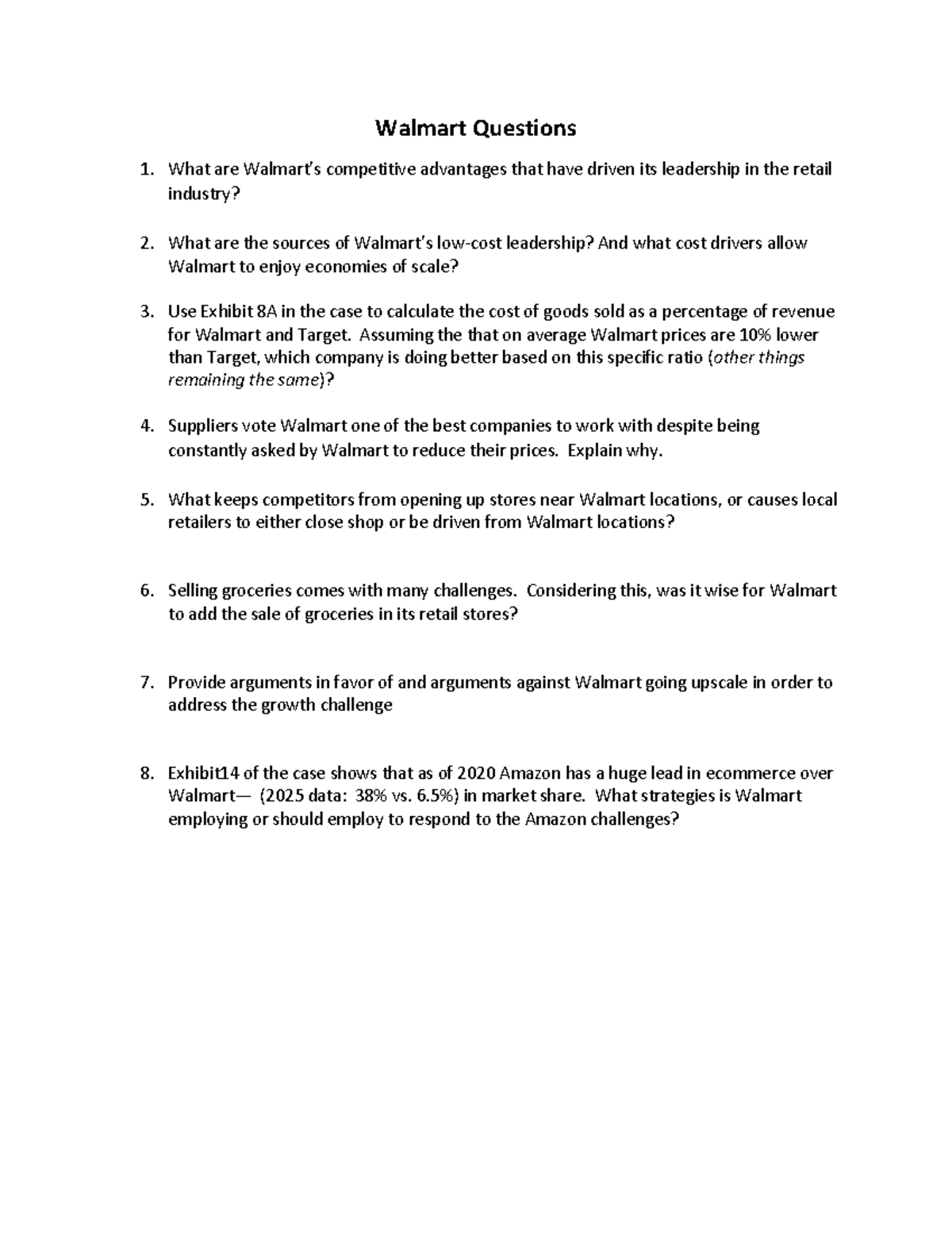 Walmart Exercises F2025: Analyzing Competitive Advantages and ...