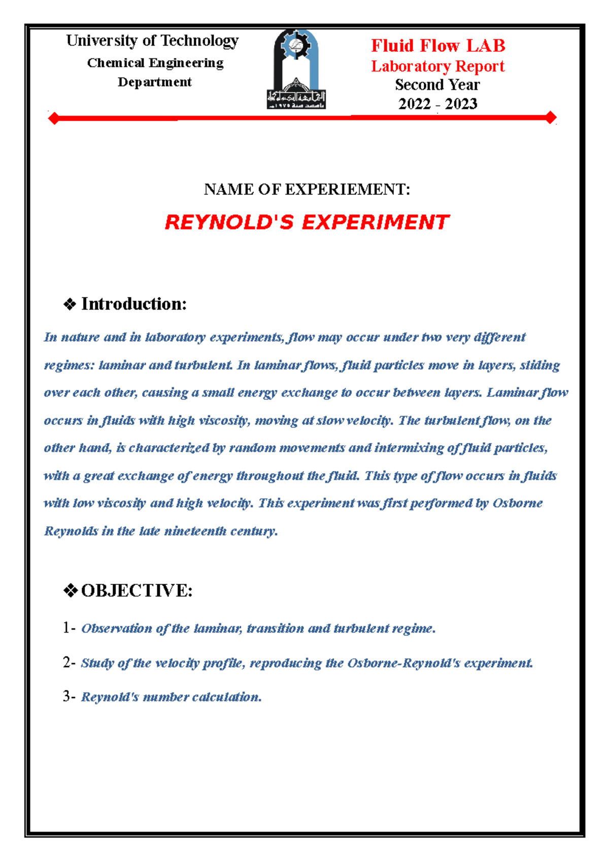 Reynold's Experiment Report - Fluid Flow Lab (CHEM ENG 2022-2023) - Studocu