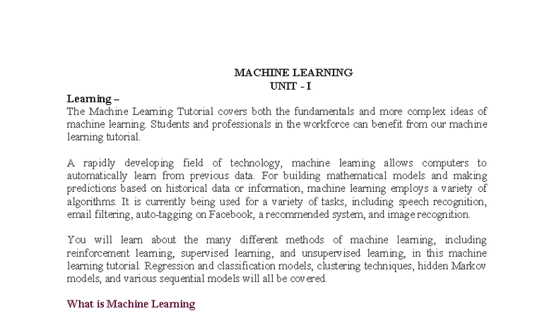 ML Unit 1 - theory - MACHINE LEARNING UNIT - I Learning – The Machine ...