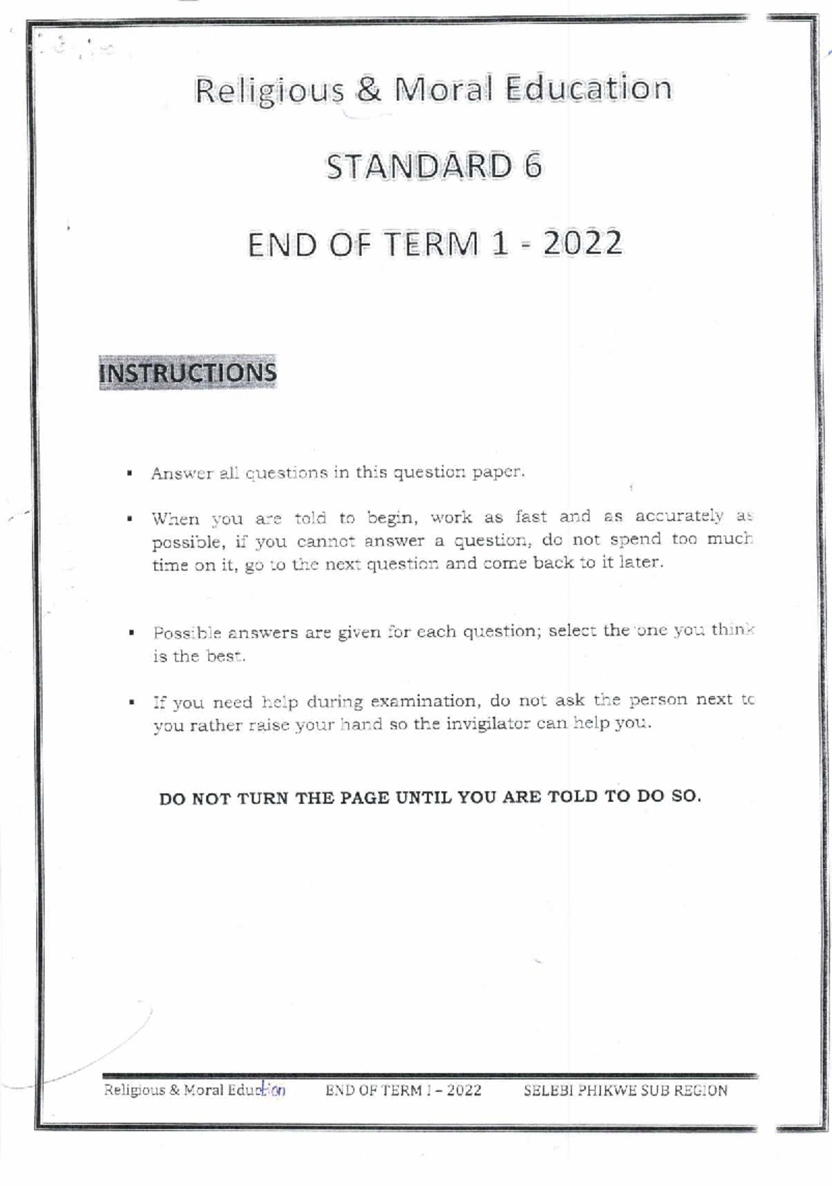 RME 6 End of Term 1 Exam Questions & Instructions 2022 - Studocu