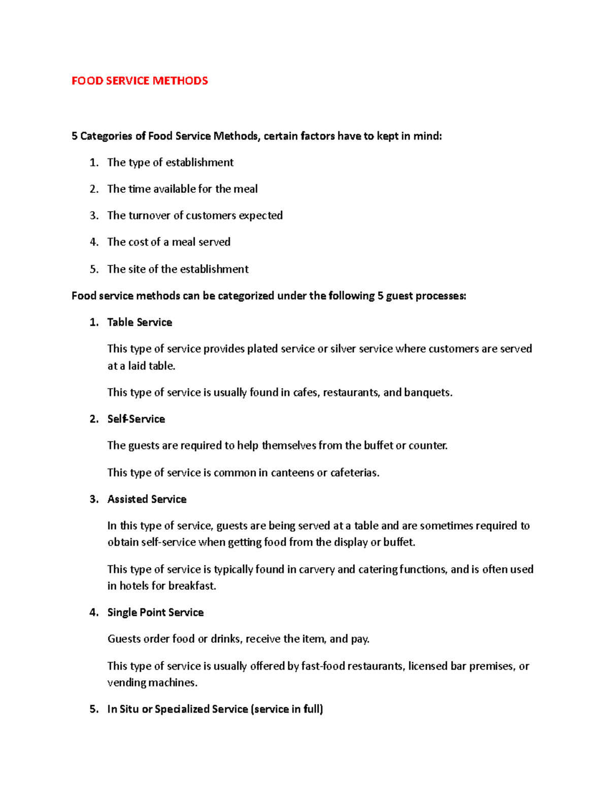 Food Service Methods Overview for F&B Industry Techniques - Studocu