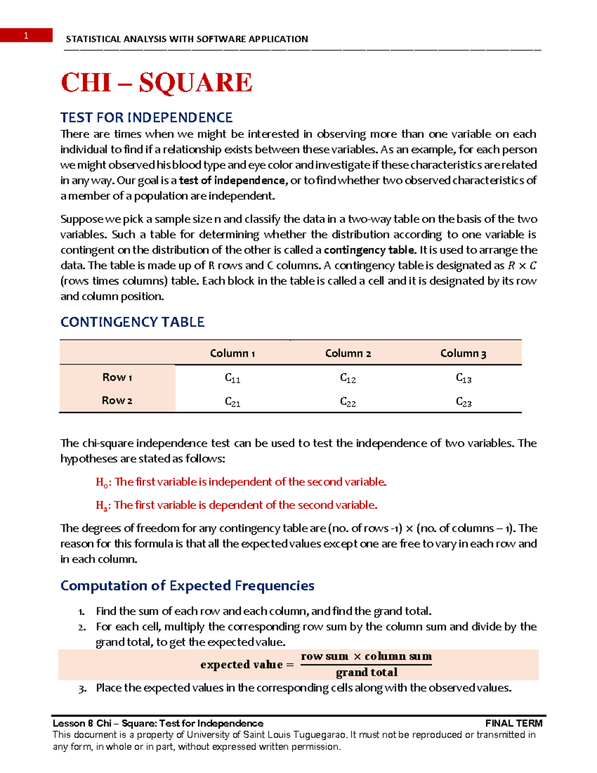 Lesson 8.2 Final Exam: Chi-Square Test for Independence - Studocu