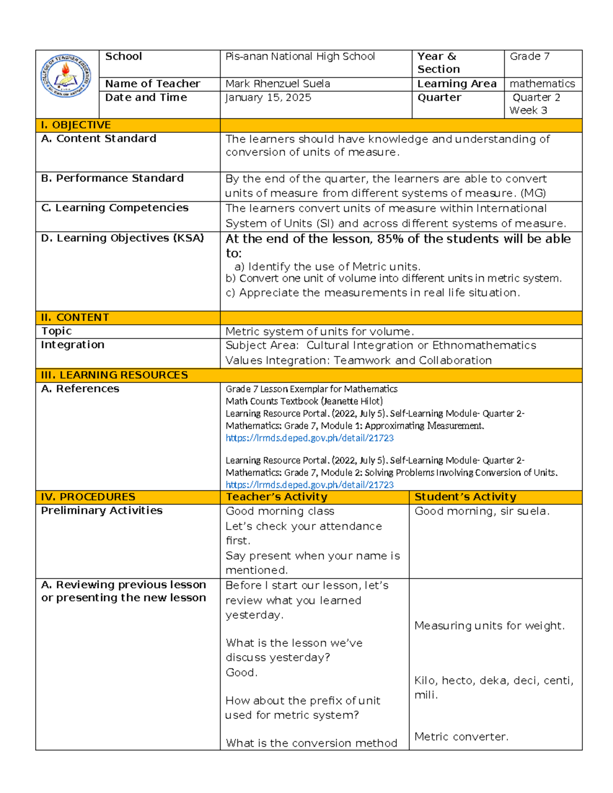 G7Q2W3T6 DLP - Converting Metric Units in Mathematics Lesson Plan - Studocu