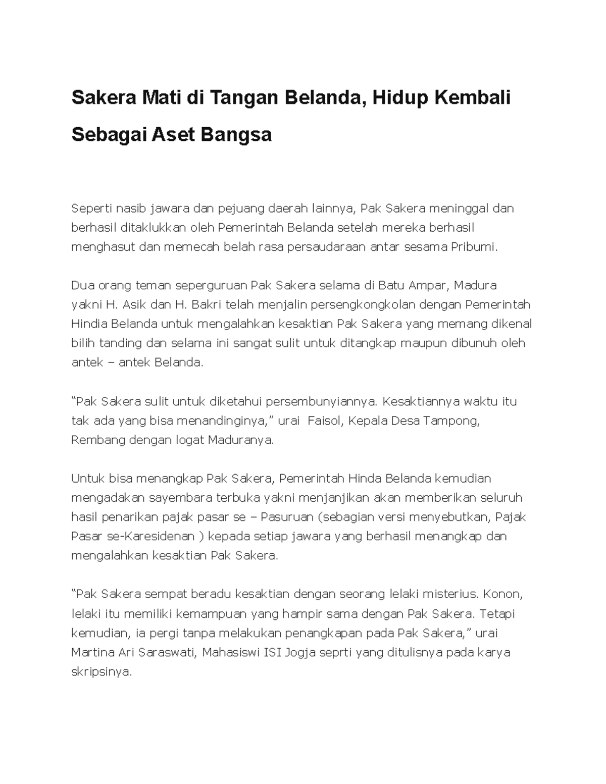 Analisis Kisah Pak Sakera: Pahlawan Bangsa dan Warisan Budaya - Studocu