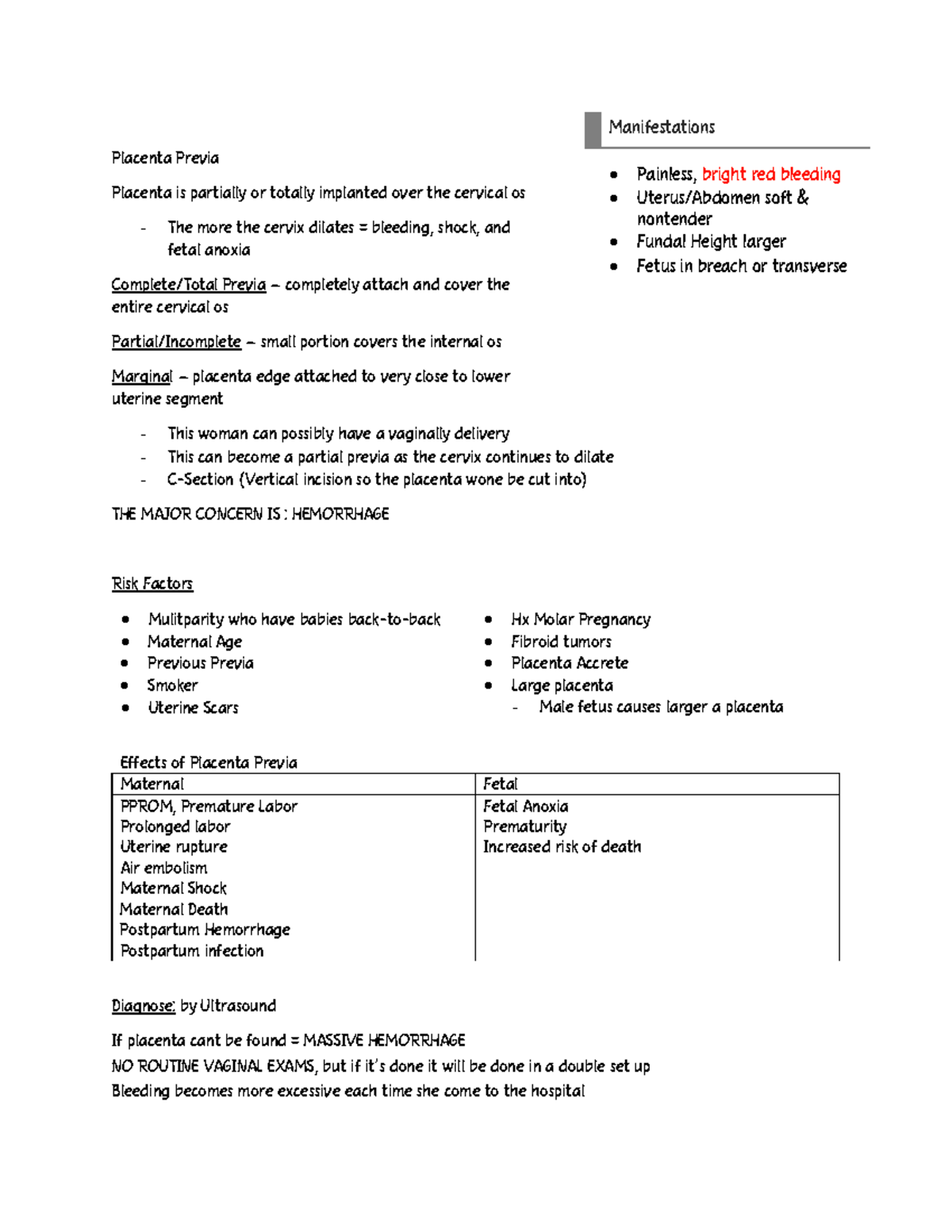 Placenta Previa - Class Notes from Lecture - Placenta Previa Placenta ...