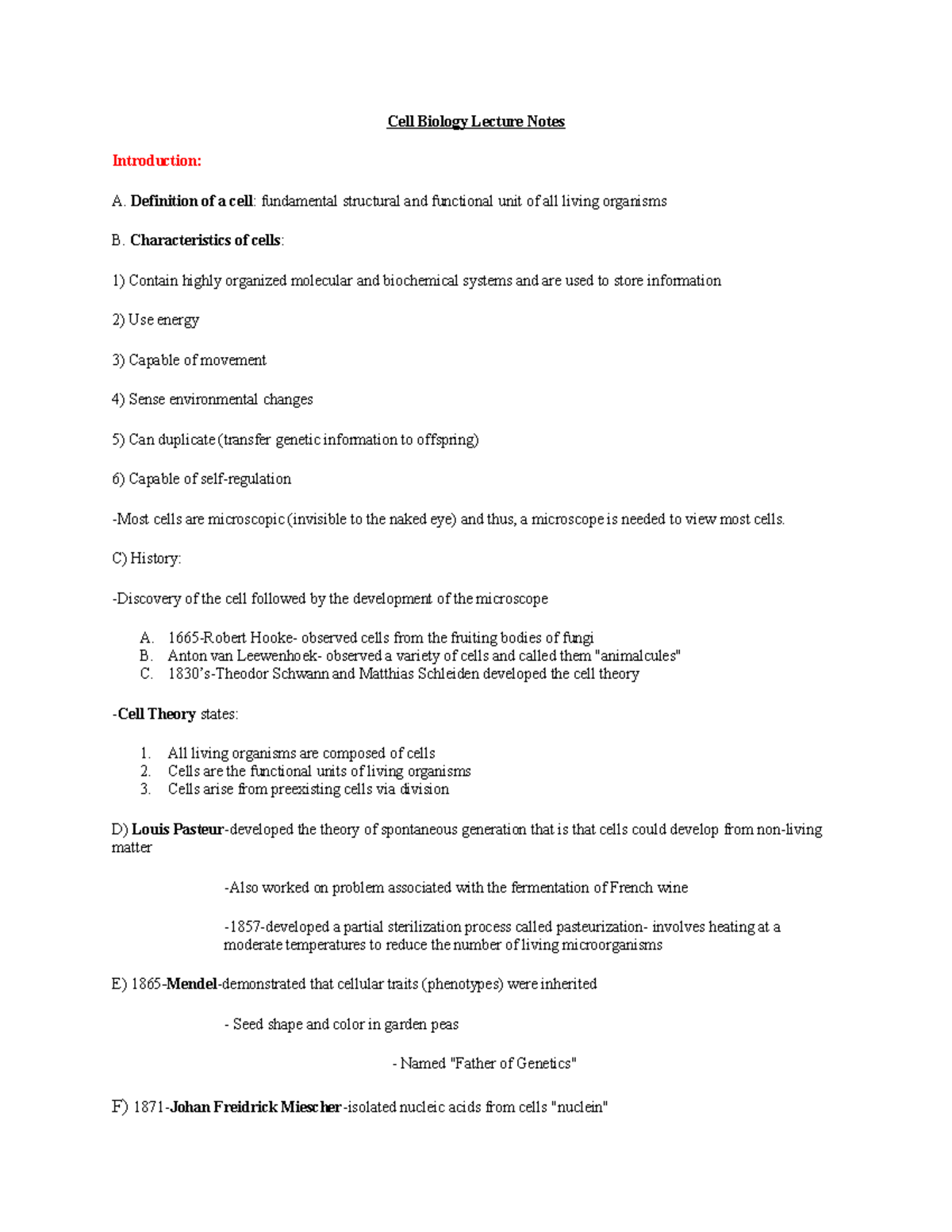 Cell biology lecture notes - Cell Biology Lecture Notes Introduction: A ...
