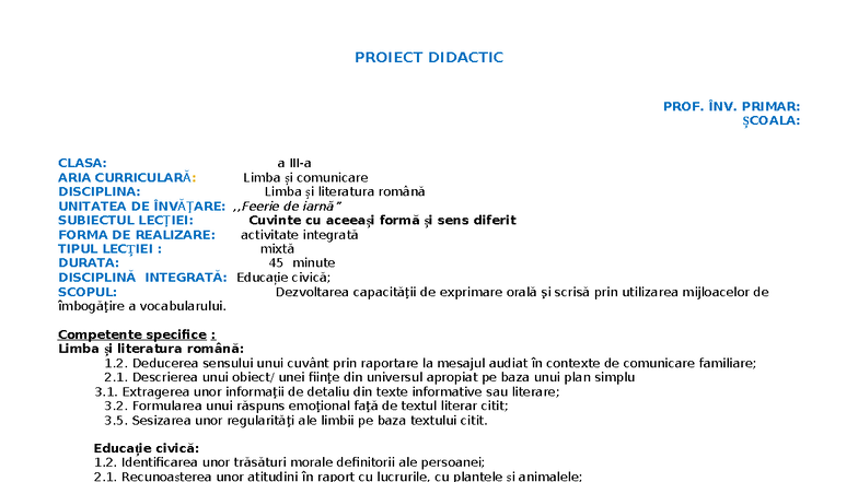 Proiect Didactic: Cuvinte cu Sensuri Diferite - Limba Română (Clasa a IV-a) - Studocu