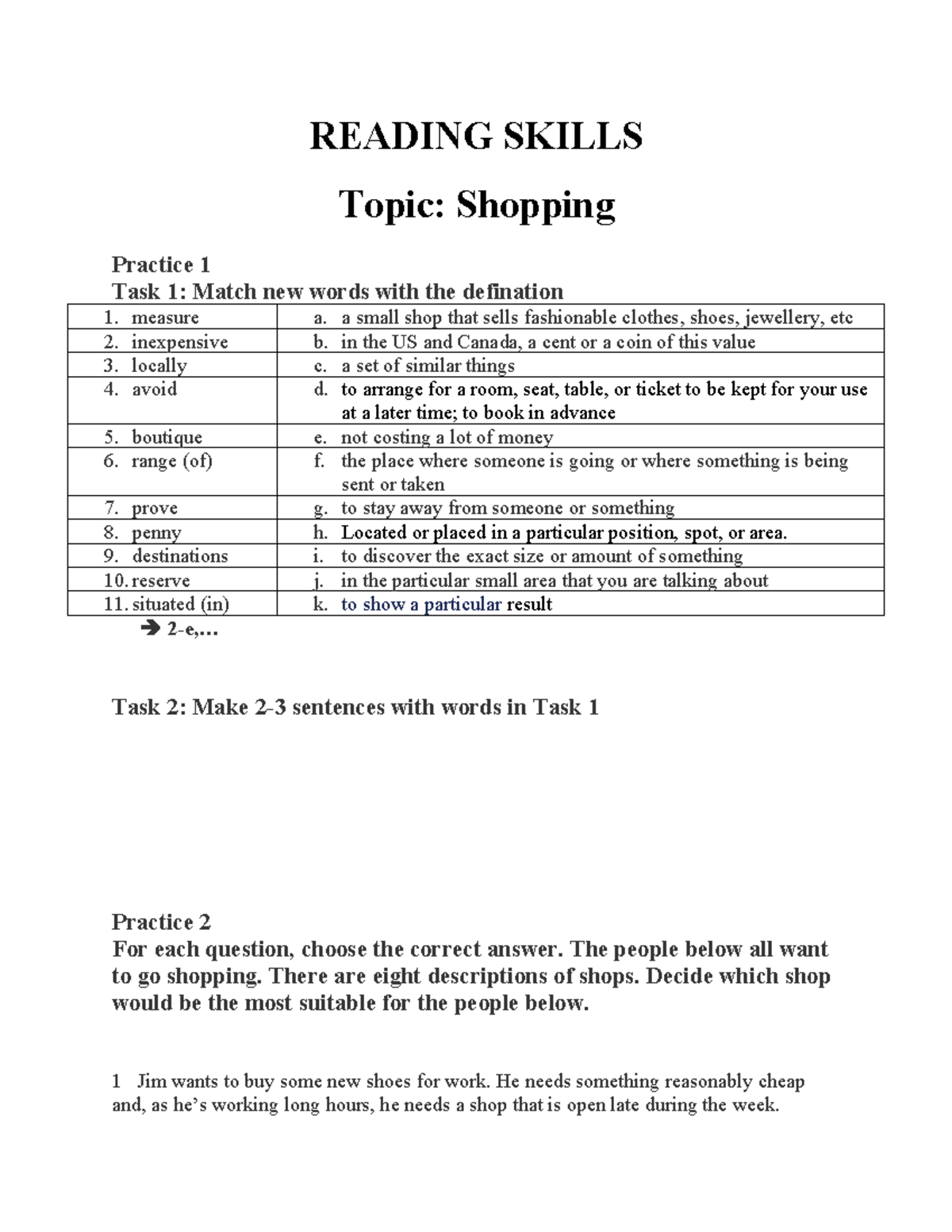 Reading Skills: Shopping Vocabulary & Practices (Task 1 & 2) - Studocu