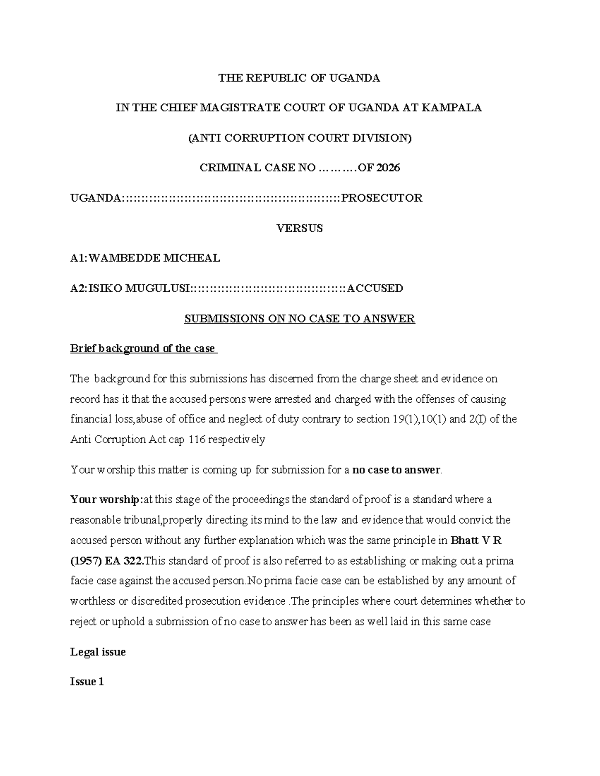 Defense Submissions on No Case to Answer: Criminal Case No. 2026 - Studocu