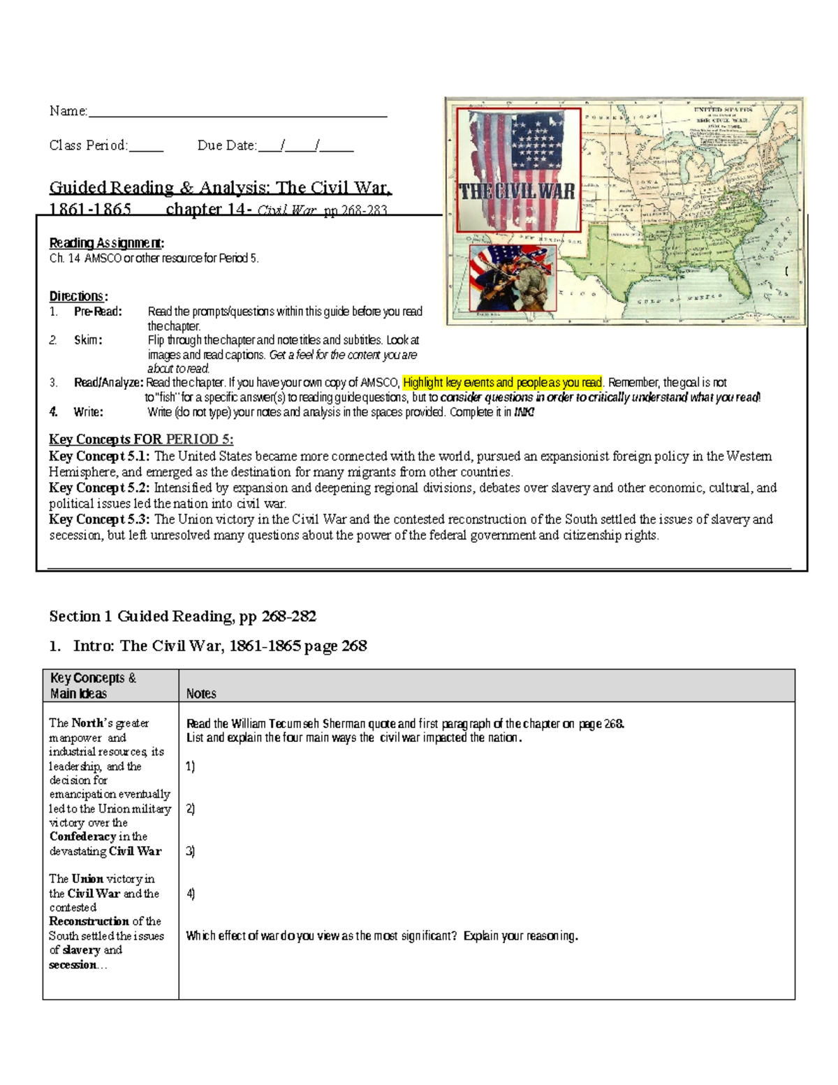 Guided Reading Analysis: Civil War (AMSCO Ch. 14, 1861-1865) - Studocu