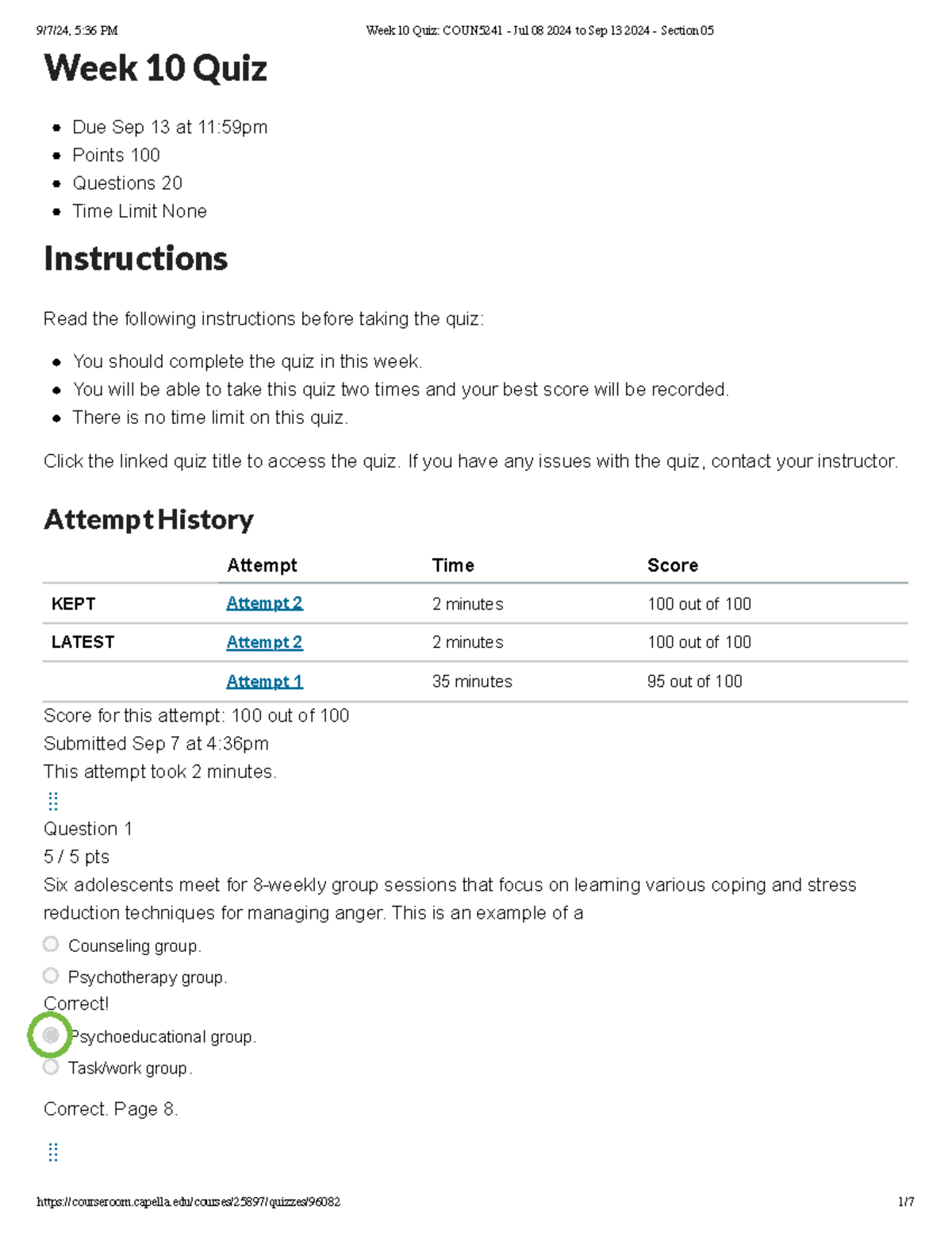 COUN5241 Week 10 Quiz - Complete Instructions and Attempt Details - Studocu