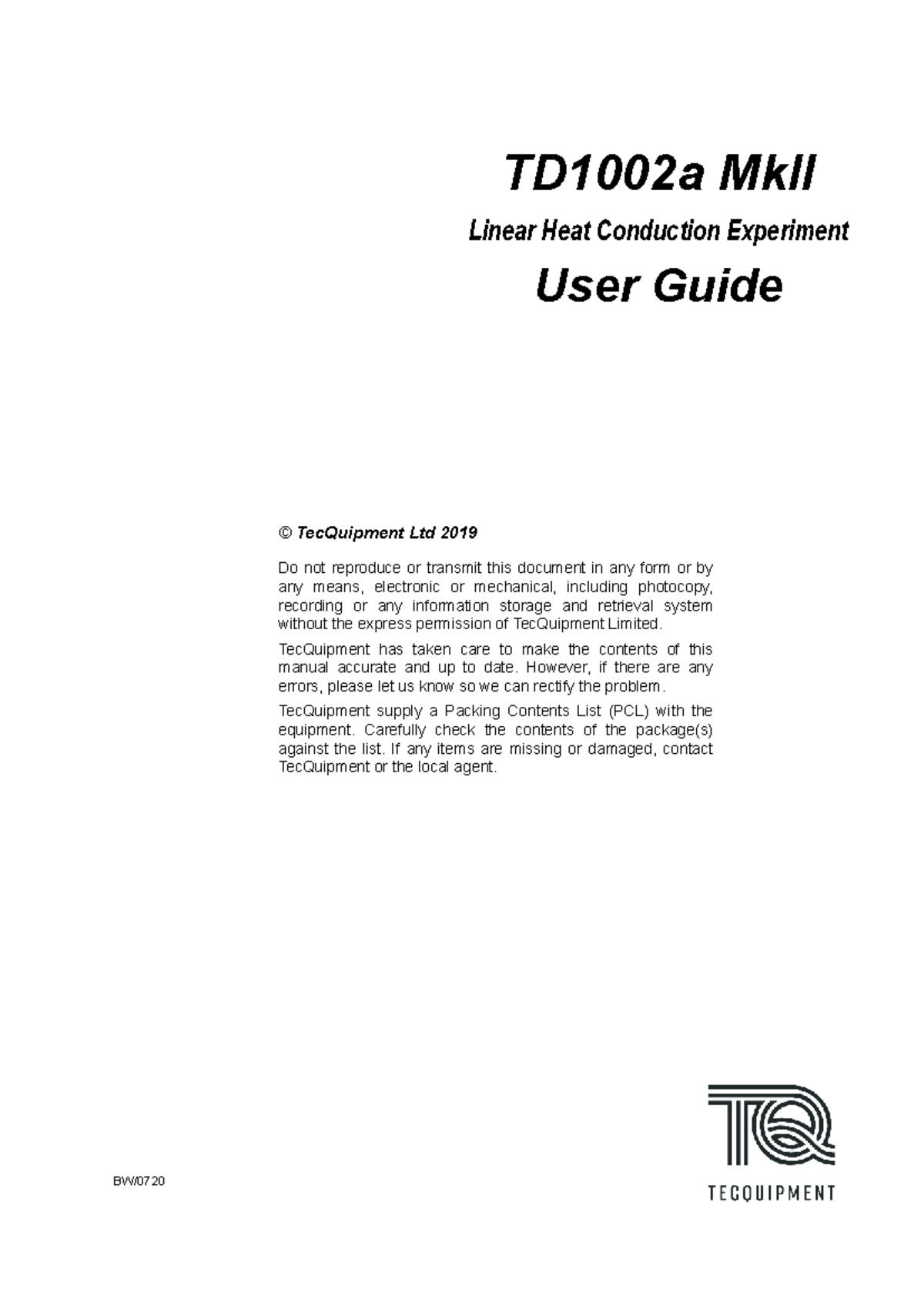 TD1002a MkII Linear Heat Conduction Experiment User Guide - Studocu