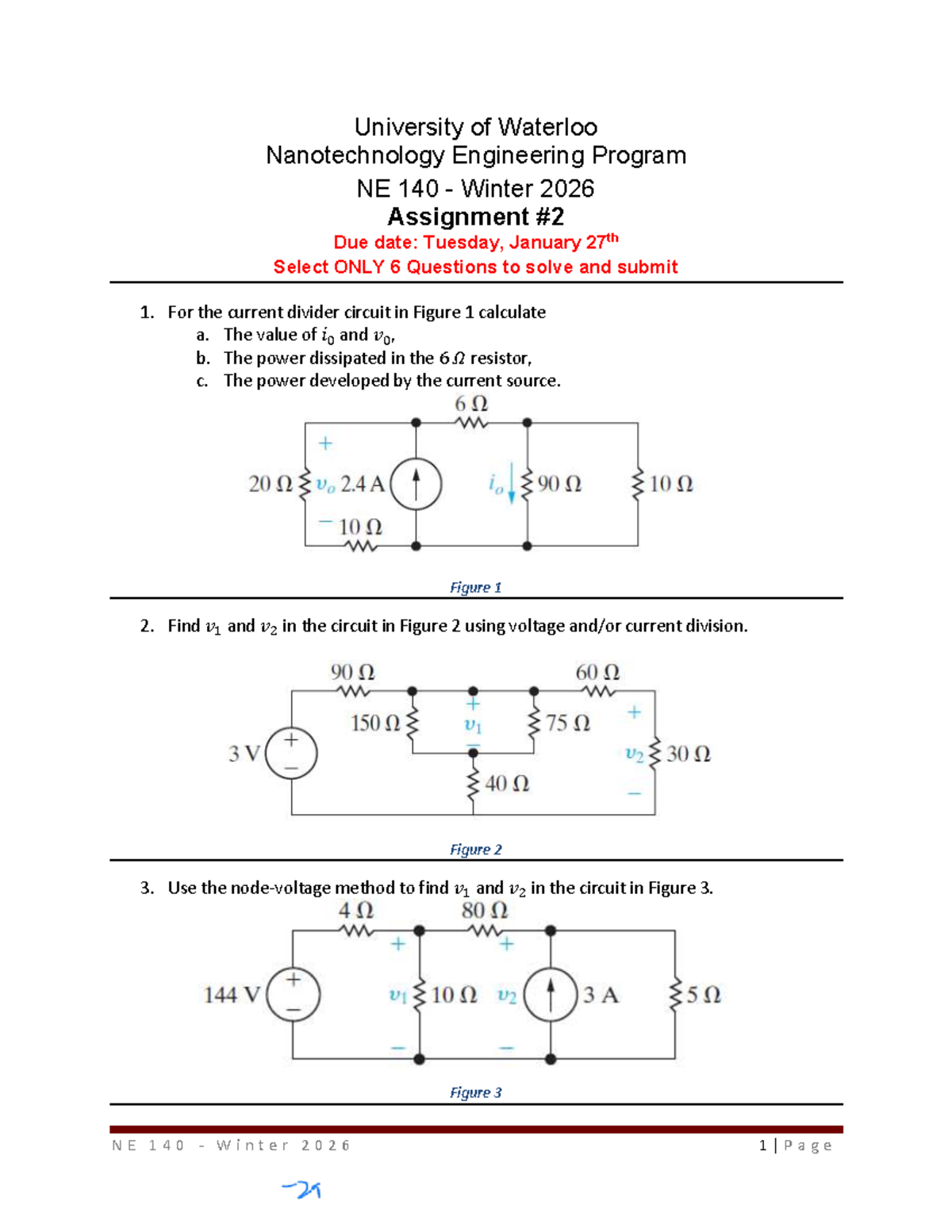 NE 140 Winter 2026 Assignment 2: Circuit Analysis Problems - Studocu