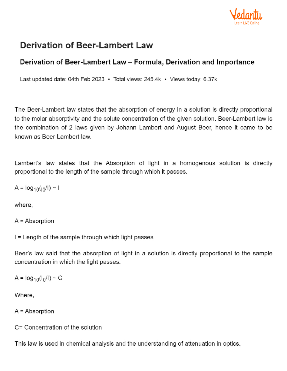 Derivation of the Beer-Lambert Law - Physics Lecture Notes - Studocu