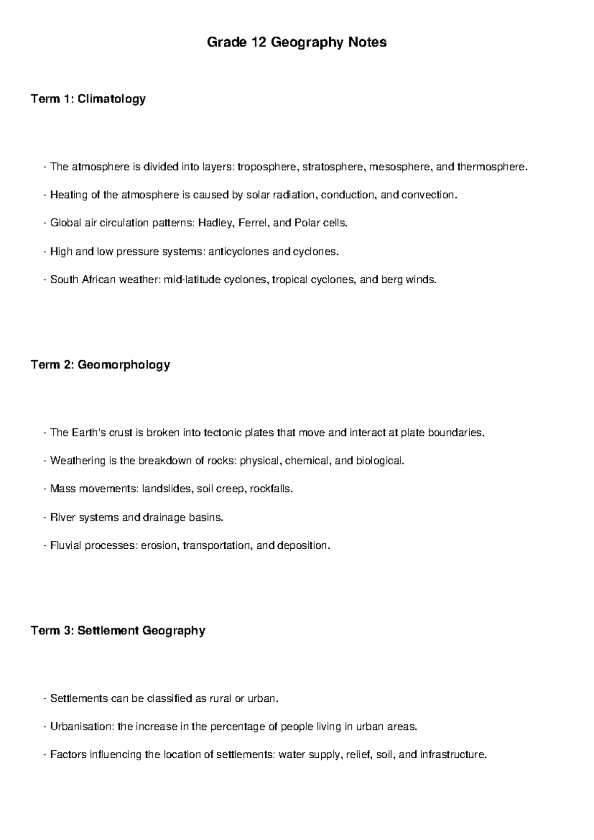 Grade 12 Geography Notes: Climatology, Geomorphology & Settlement - Studocu